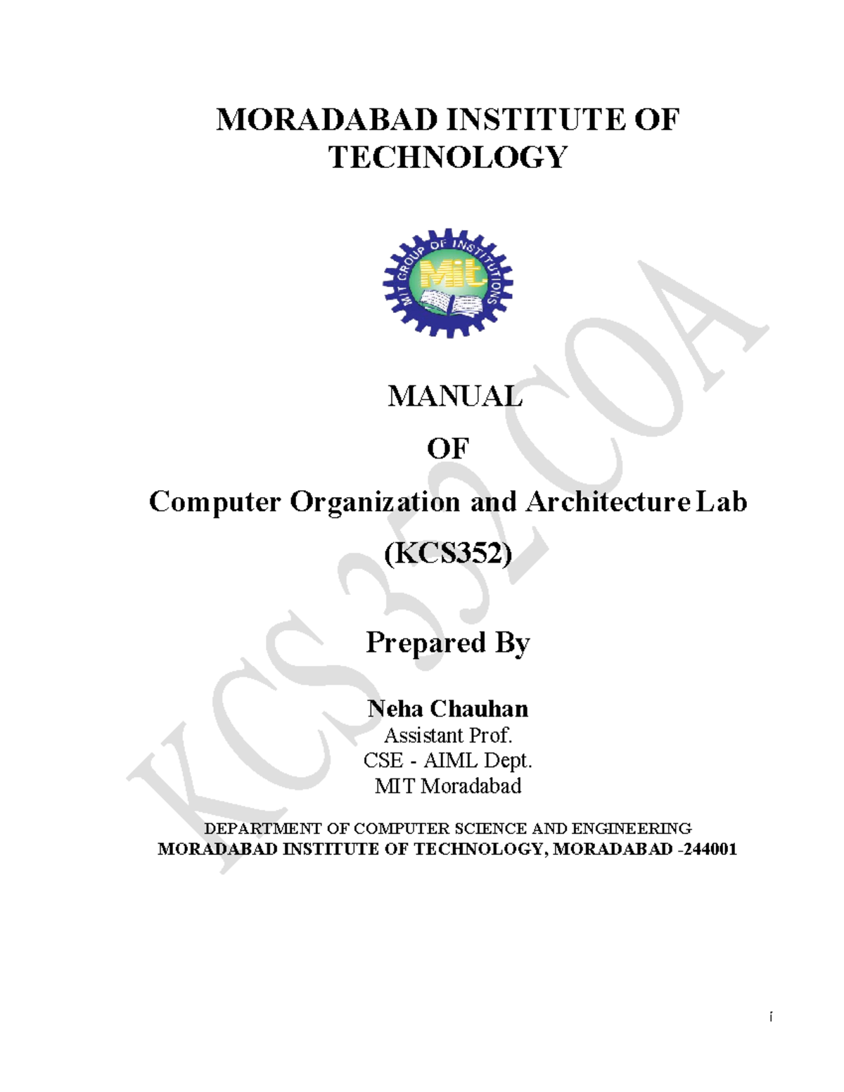 COA LAB Maual - MORADABAD INSTITUTE OF TECHNOLOGY MANUAL OF Computer ...