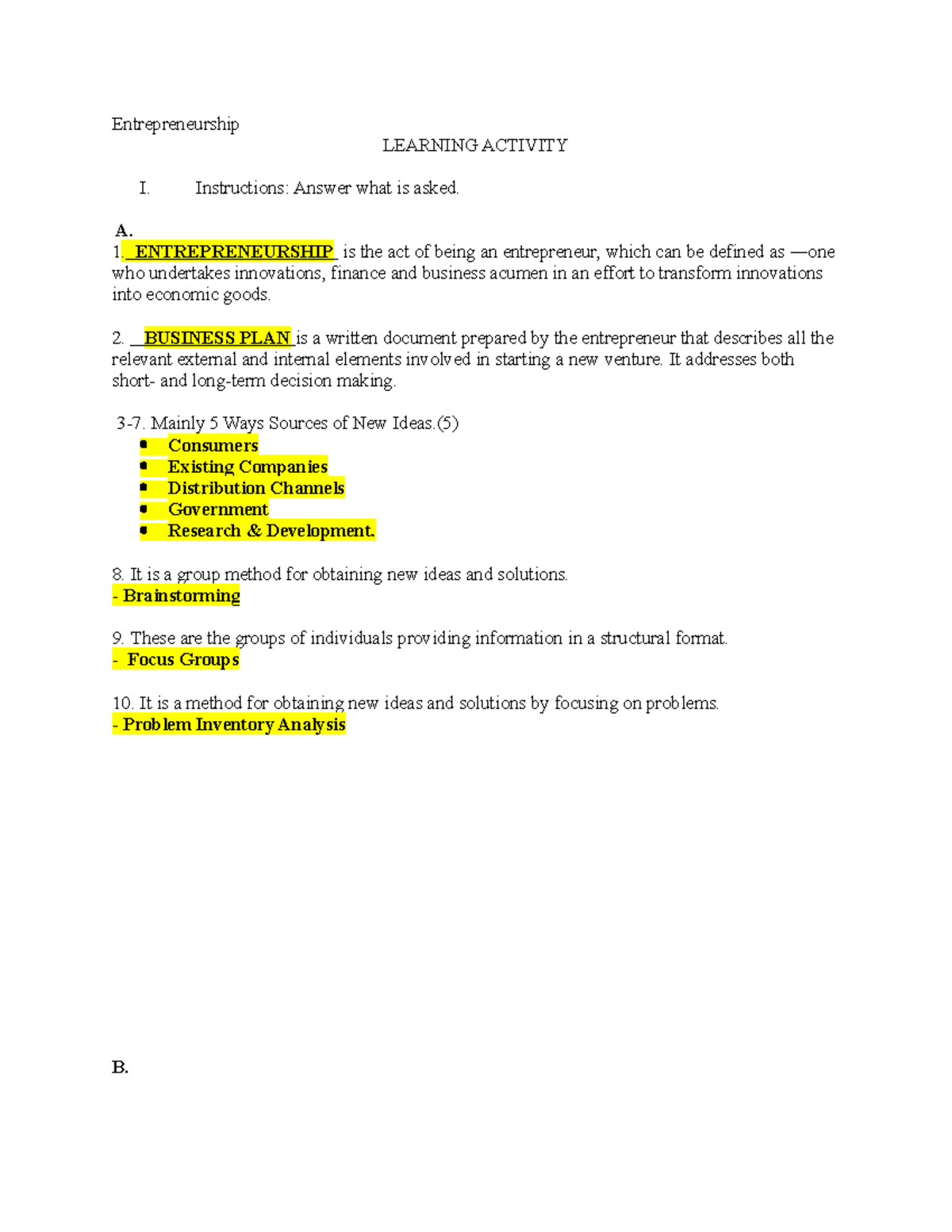 Entrepreneurship Lecture Notes Entrepreneurship Learning Activity I Instructions Answer