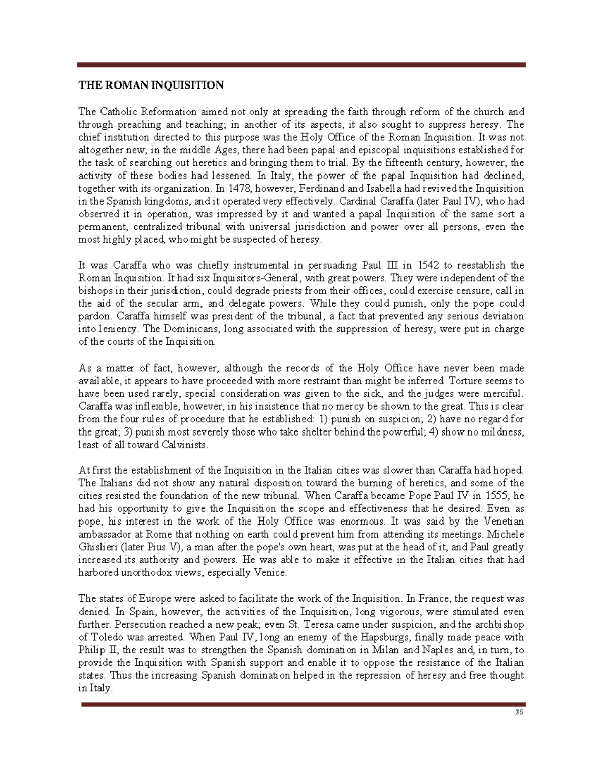 World history 2 - 35 THE ROMAN INQUISITION The Catholic Reformation ...