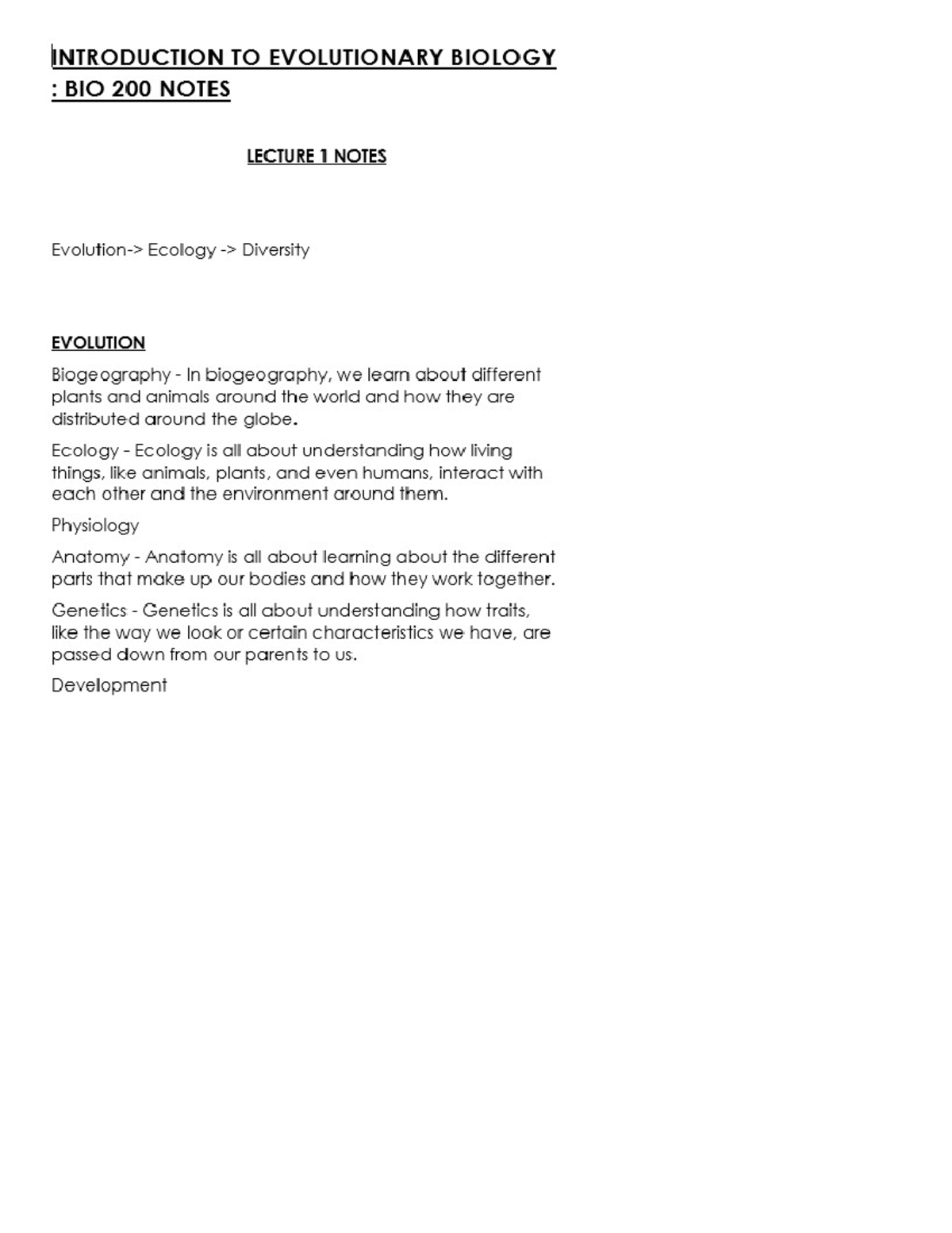 Introduction TO Evolutionary Biology - BIO 200 Notes Lecture 1 Notes ...