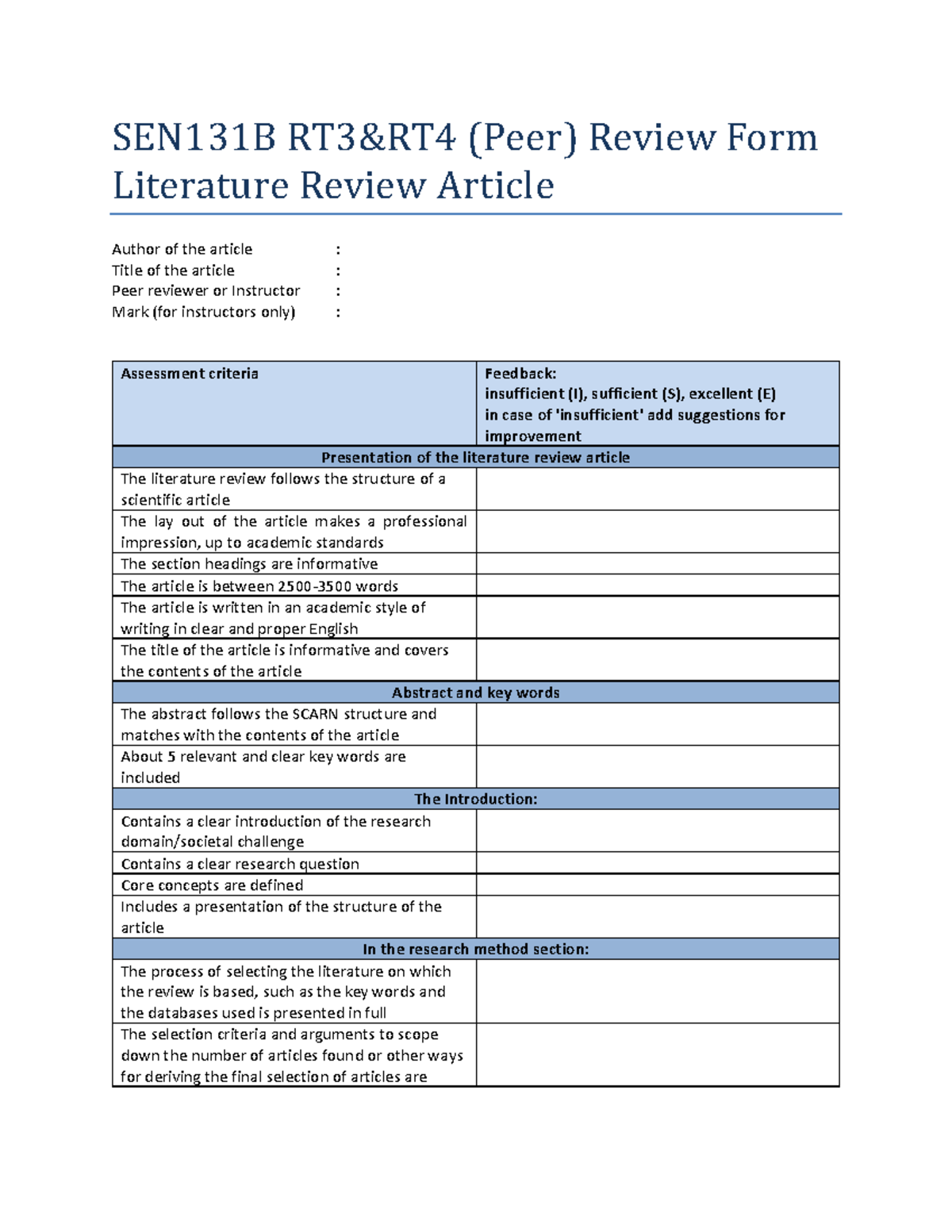 2023-2024 SEN131B RT3 and RT4 Review form Literature Review Article - SEN131B RT3&RT4 (Peer ...