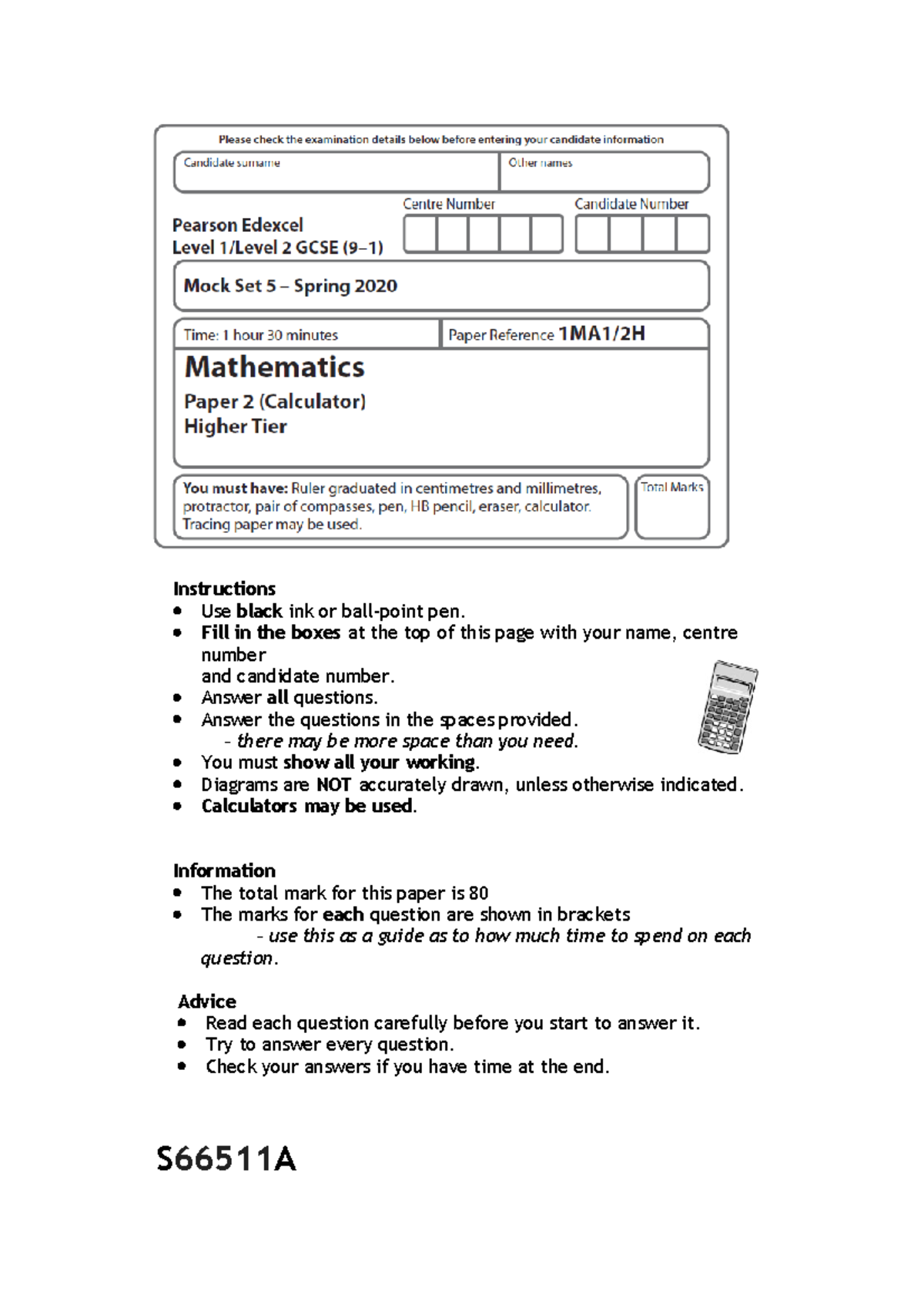 05b GCSE (9-1) Mathematics Mock Set 5 Paper 2H (word) - Instructions ...