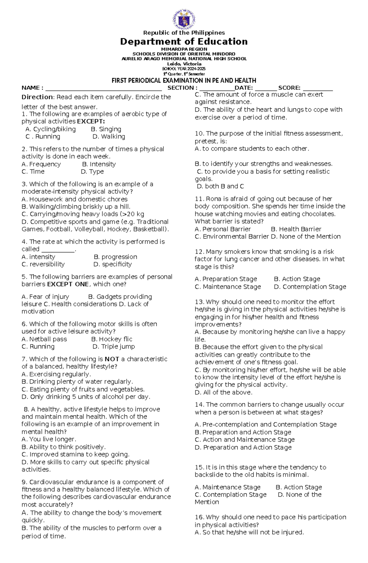 PE 1st EXAM 2023 TRUE 2 - Physical Education Exam - Republic of the ...