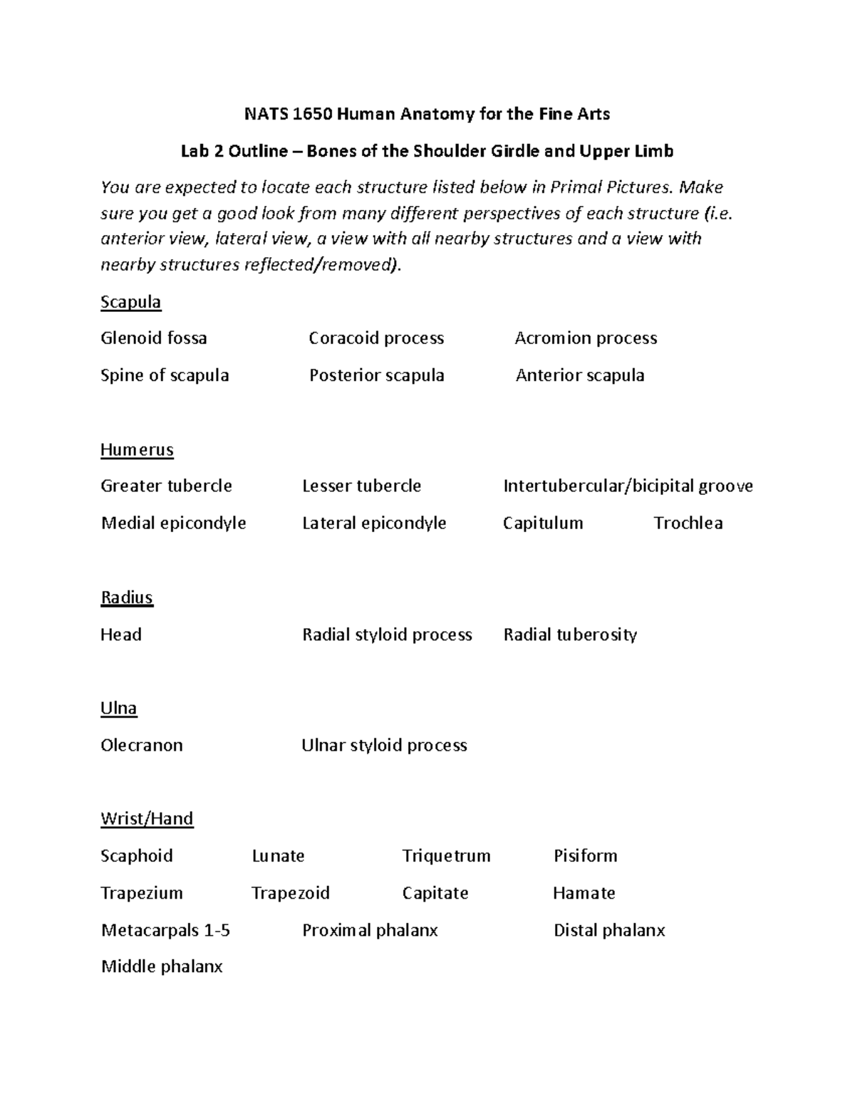 Lab 2 Outline - Upper Limb Skeleton - NATS 1650 Human Anatomy for the ...