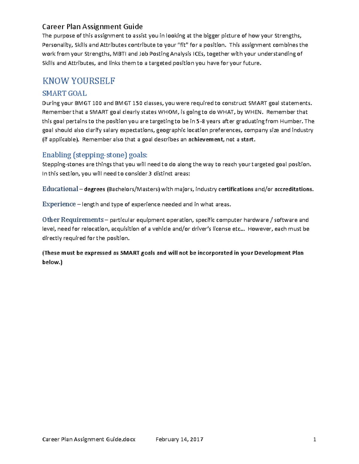 Career Plan Assignment Guide - The purpose of this assignment to assist ...