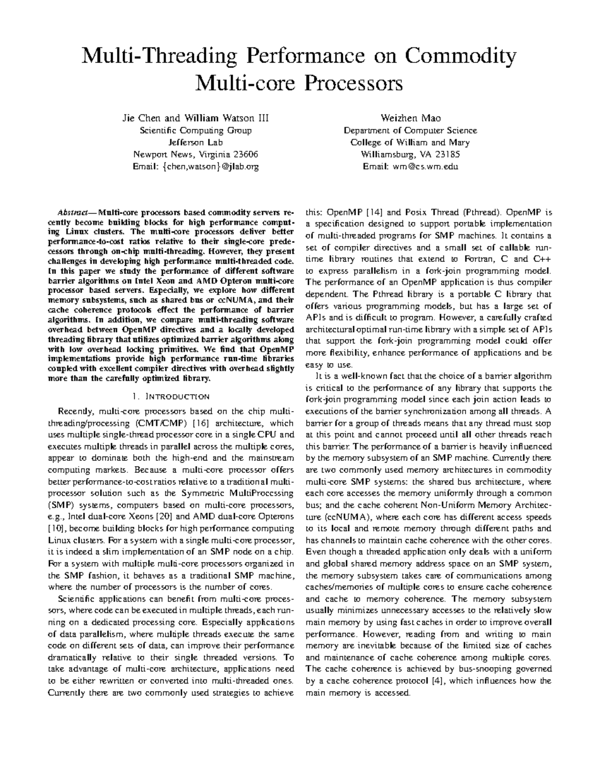 Multi Threading Performance On Commodity Multi Core Processors Wm Abstract— Multi Core