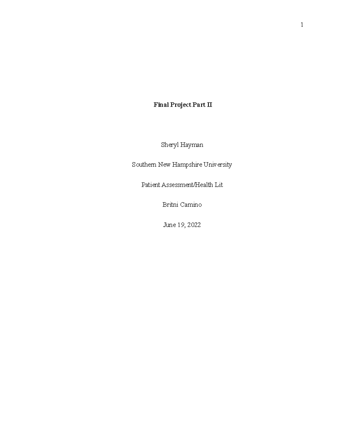 Final Project PART II BC - Final Project Part II Sheryl Hayman Southern New Hampshire University ...
