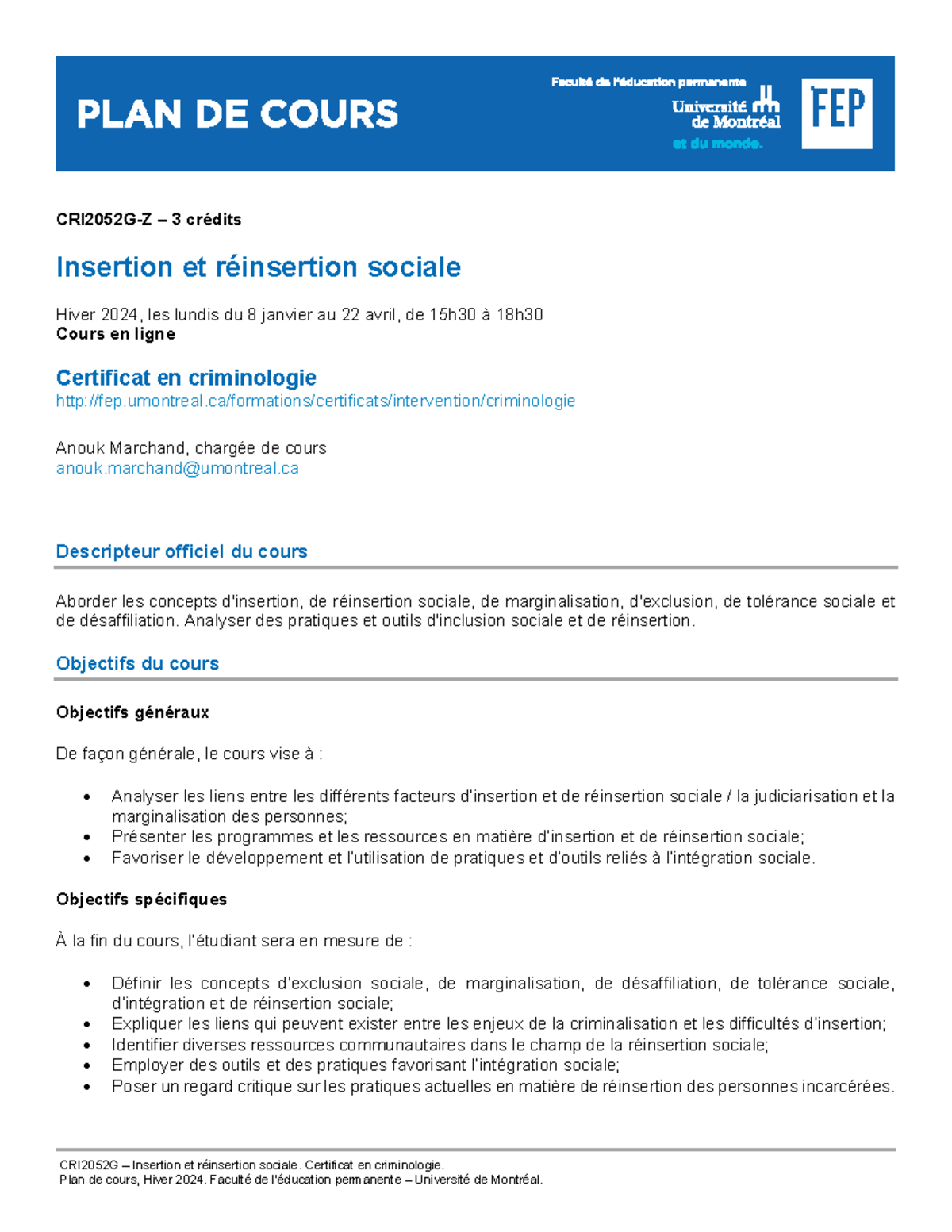 Plan de cours CRI-2052 H2024 - CRI2052G – Insertion et réinsertion ...