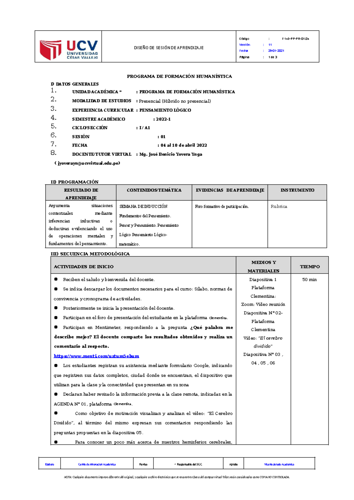 Diseno DE Sesion DE Aprendizaje 01 Parte 1 - DISEÑO DE SESIÓN DE APRENDIZAJE Código : F14D-PP-PR ...