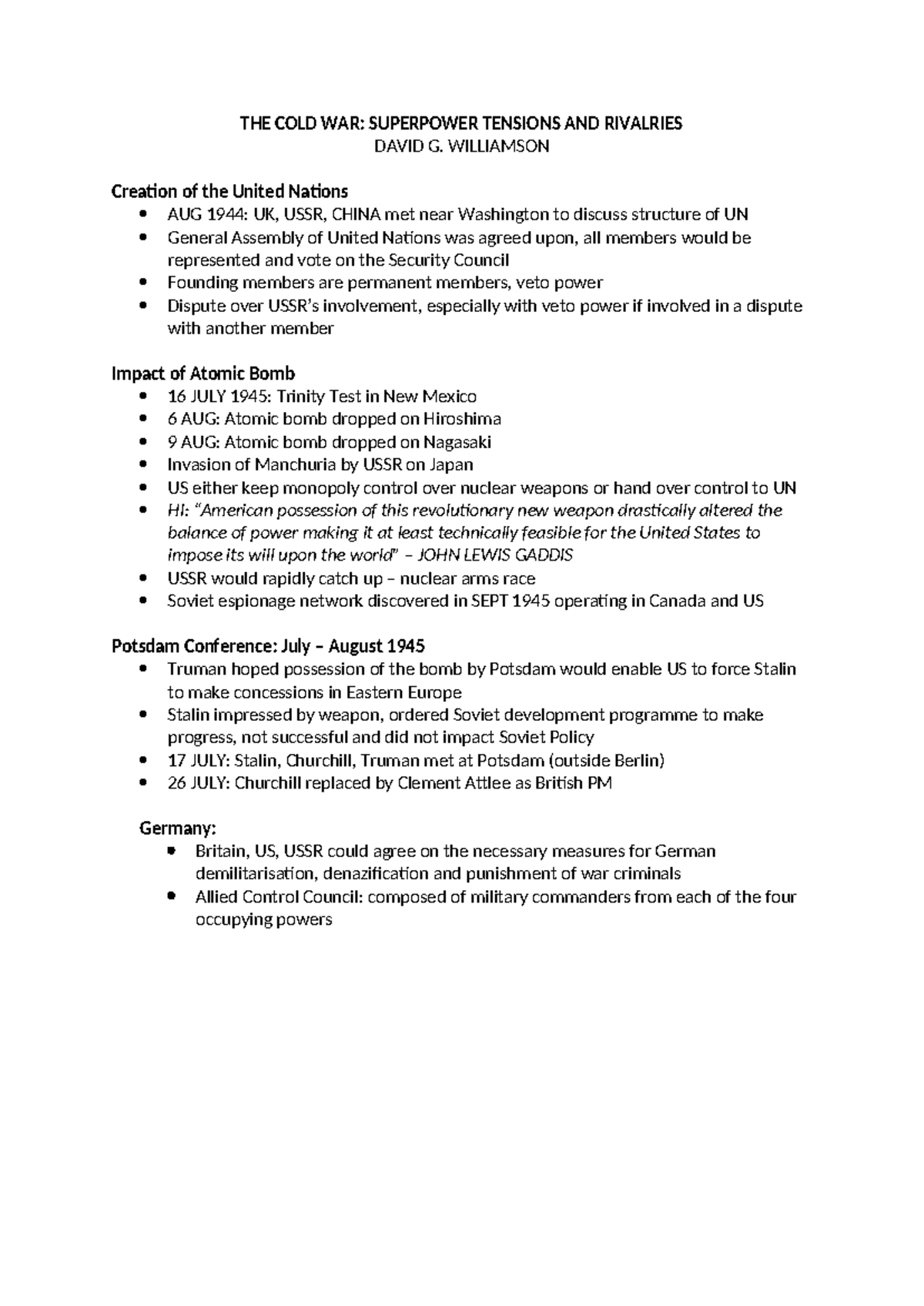 THE COLD WAR - notes on the cold war - THE COLD WAR: SUPERPOWER ...