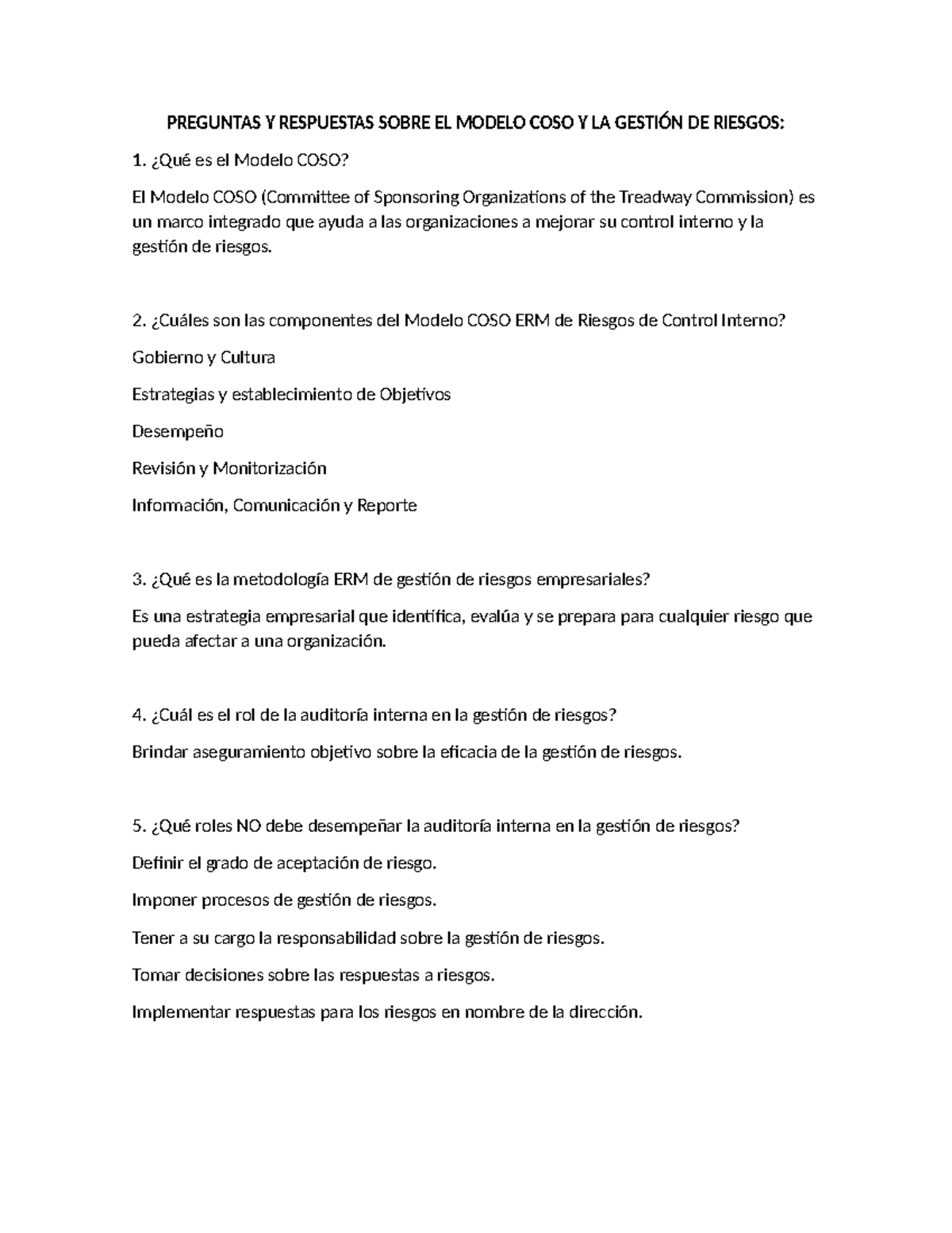 Preguntas Y Respuestas Sobre EL Modelo COSO Y LA Gestión DE Riesgos ...