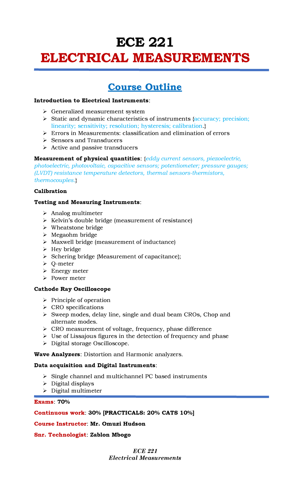 Measurement and Instrumentation - ####### ECE 221 ECE 22 1 ELECTRICAL ...