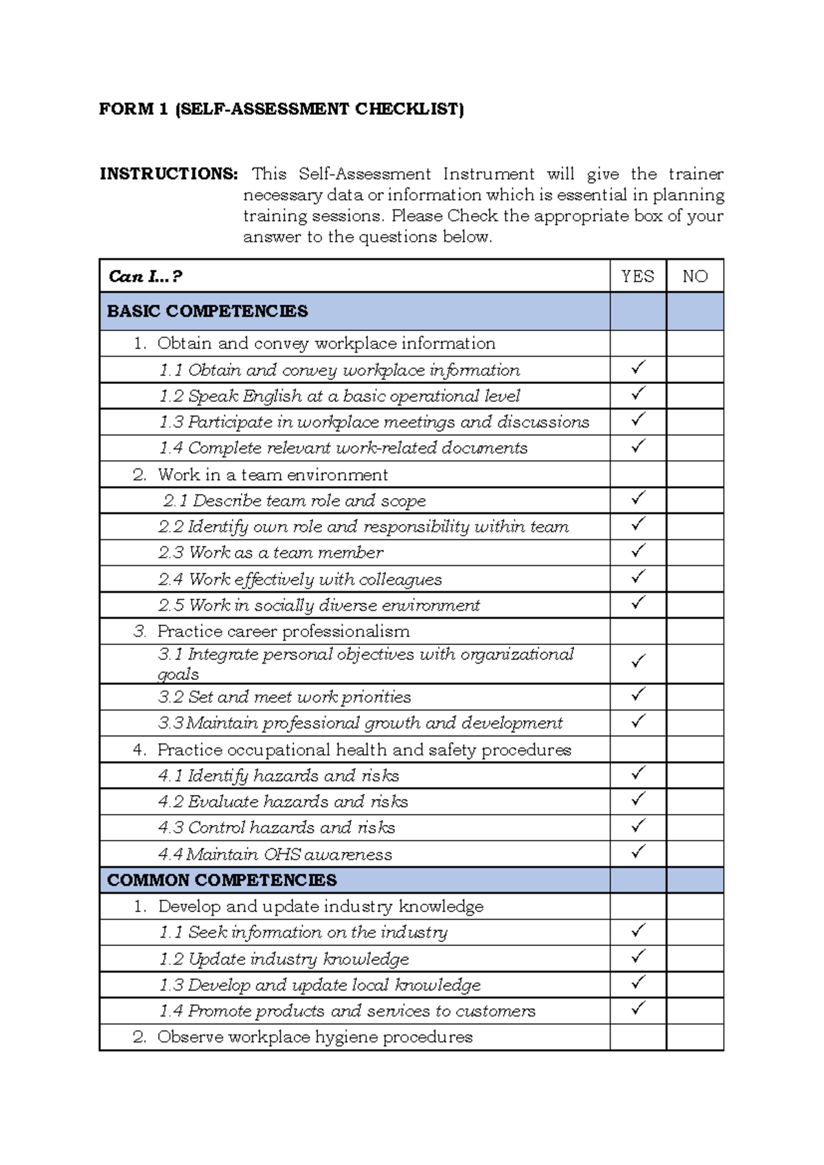 Candidato- TNA - A part of a cblm package - FORM 1 (SELF-ASSESSMENT CHECKLIST) INSTRUCTIONS ...