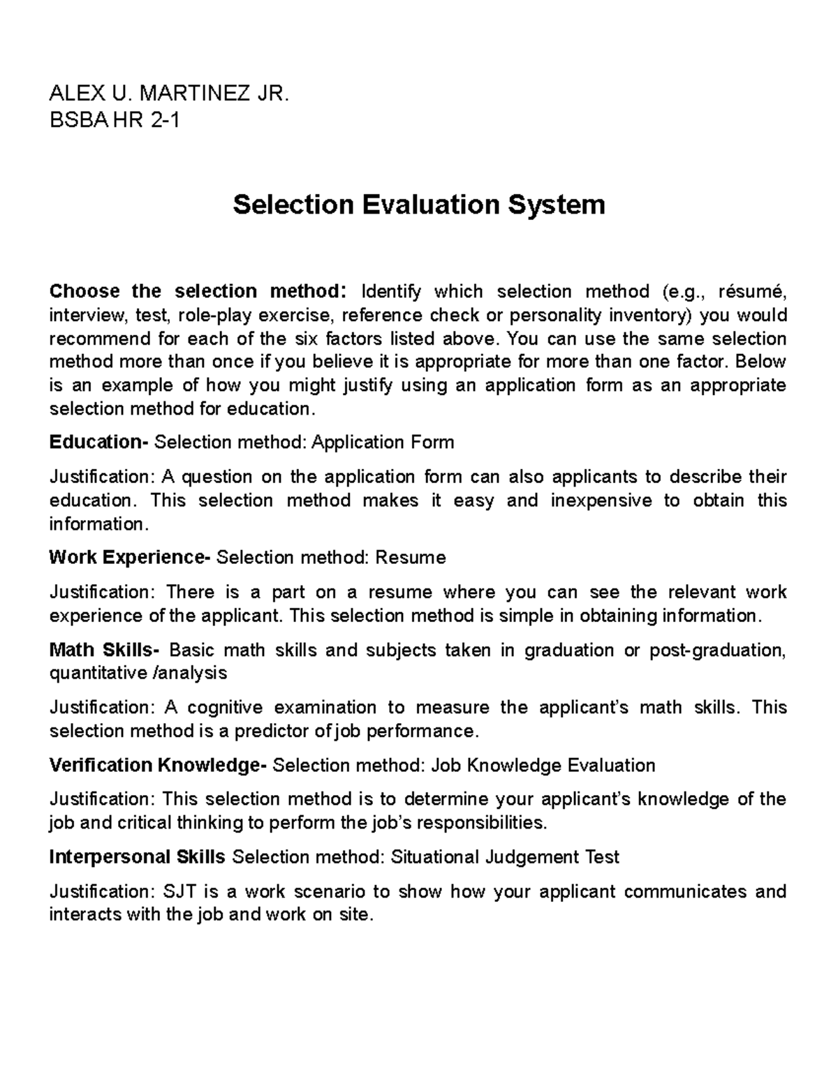 Employee Selection Analysis - ALEX U. MARTINEZ JR. BSBA HR 2- Selection ...