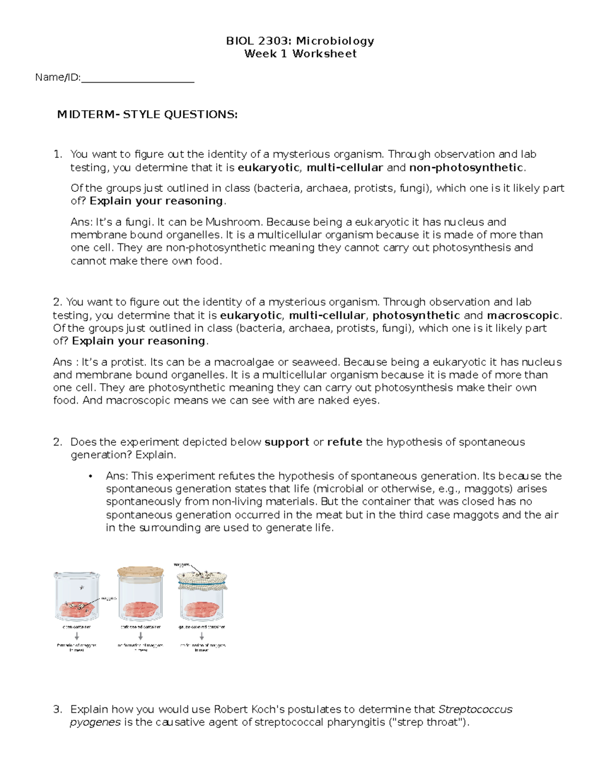 Week 1 worksheet - BIOL 2303: Microbiology Week 1 Worksheet Name/ID