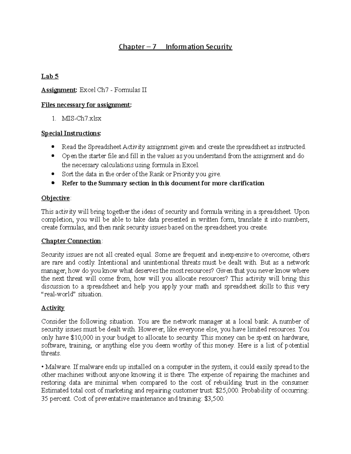 IS2080C - Lab5 Excel Assignment - Chapter – 7 Information Security Lab ...