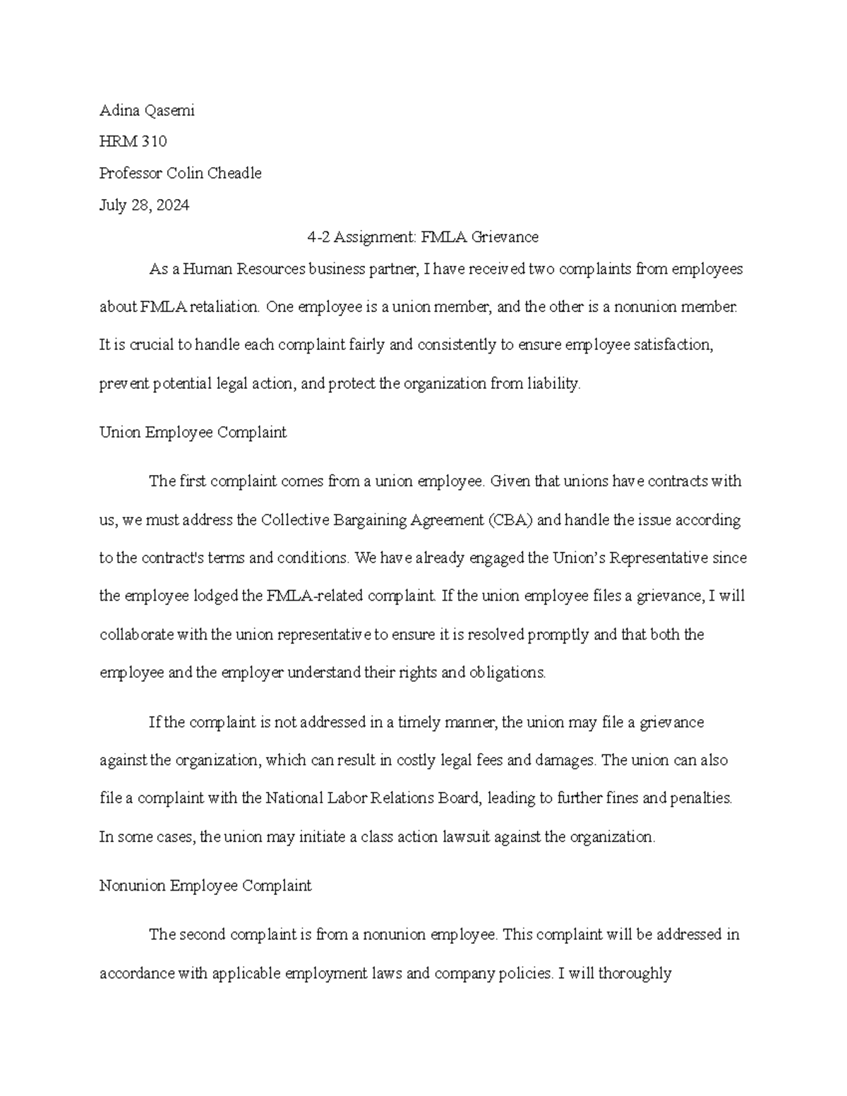 4-2 revised - Assignment - Adina Qasemi HRM 310 Professor Colin Cheadle ...