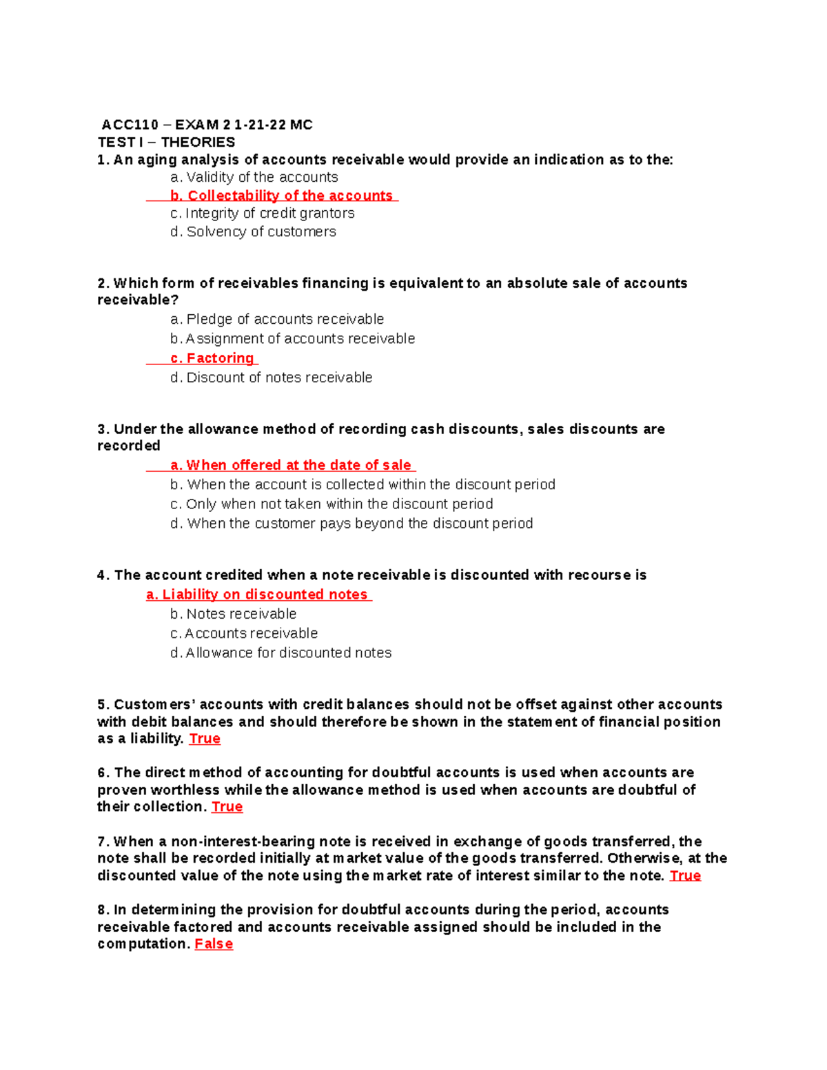 AEC 106 - Receivables EXAM 2- PSBA - ACC110 – EXAM 2 1-21-22 MC TEST I ...