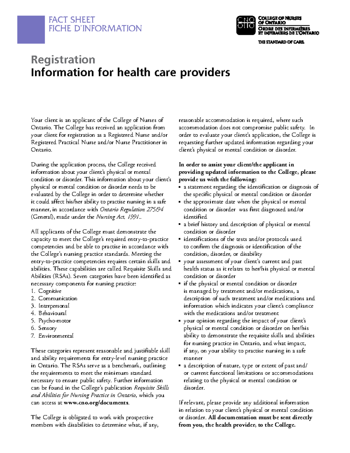 Information health providers - FACT SHEET FICHE D’INFORMATION ...