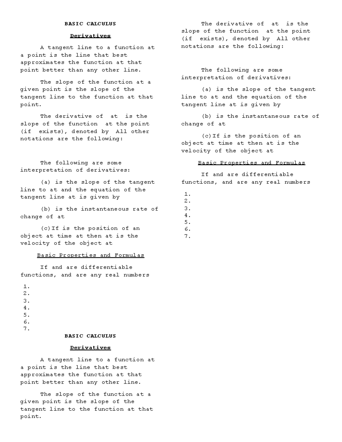 Derivatives-Handouts - BASIC CALCULUS Derivatives A tangent line to a function at a point is the ...