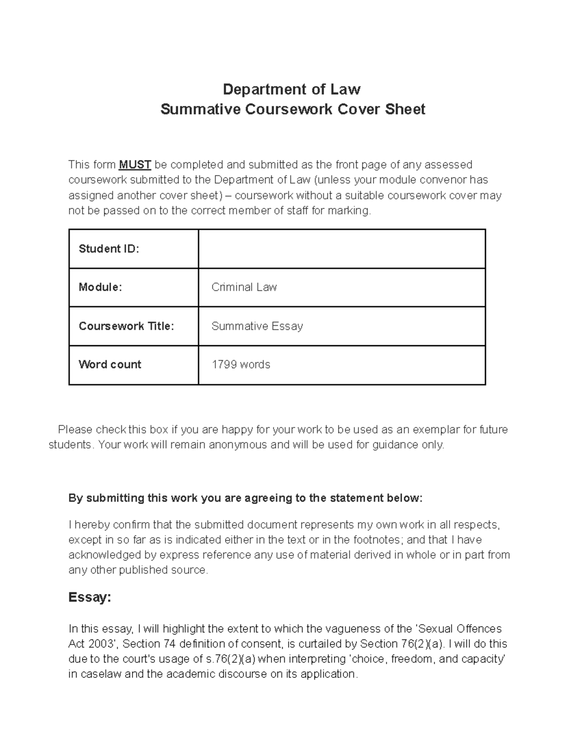 Summative Criminal - essay 2:1 - Department of Law Summative Coursework ...