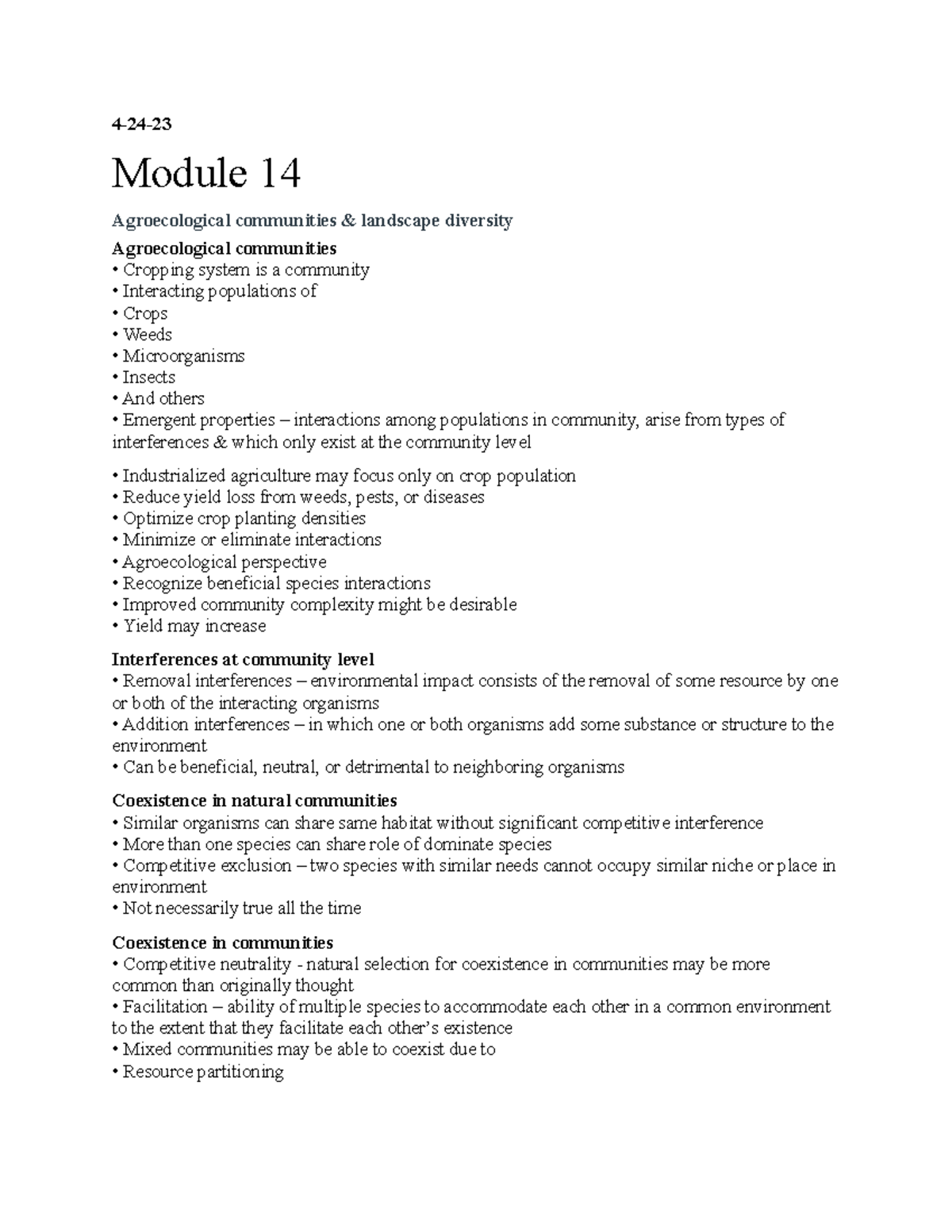 Plant Science Module 14 notes - 4-24- Module 14 Agroecological ...