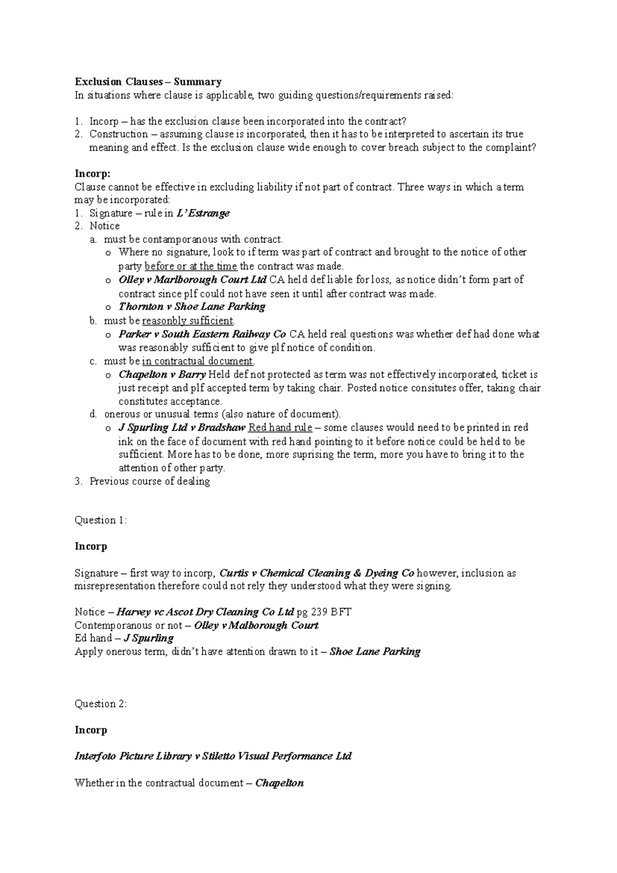 Tutorial 6 - notes - Exclusion Clauses – Summary In situations where ...
