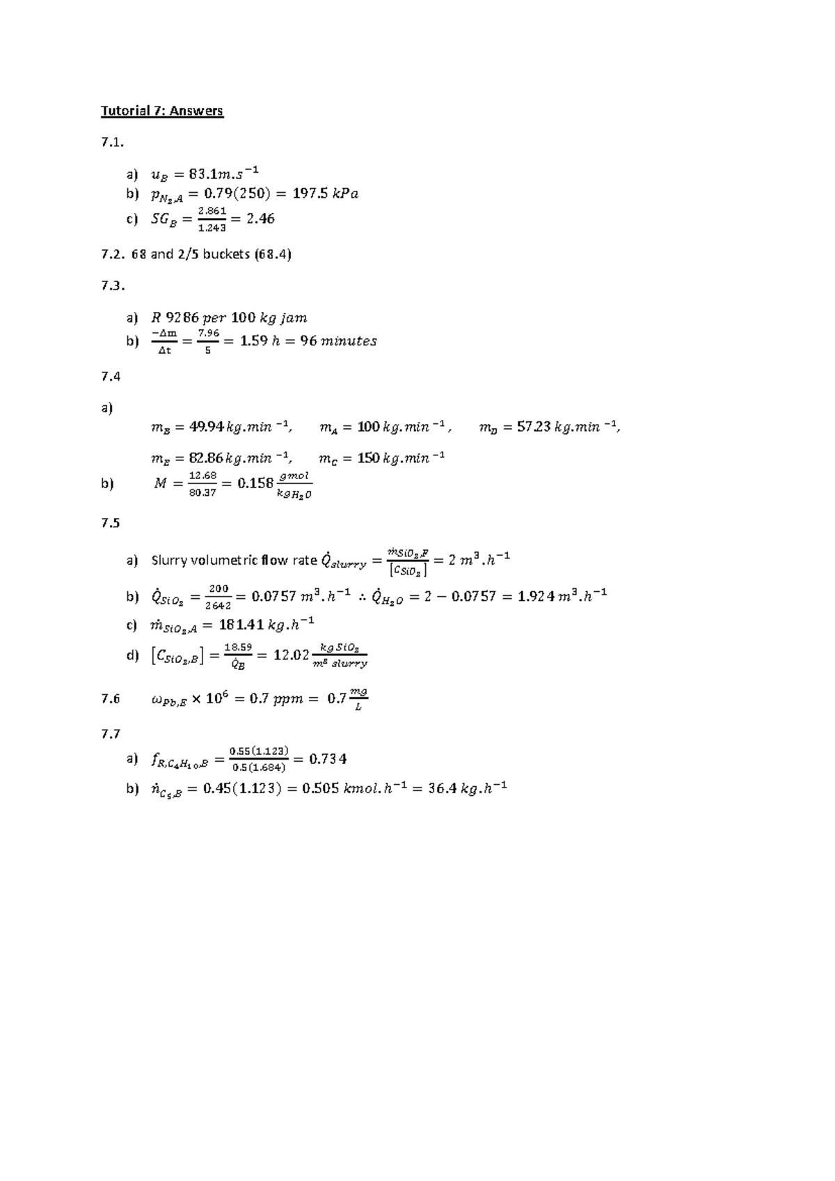 Tutoiral 7 chemical engineering - Tutorial 7: Answers 7. a) 𝑢𝑢 𝐵𝐵 ...