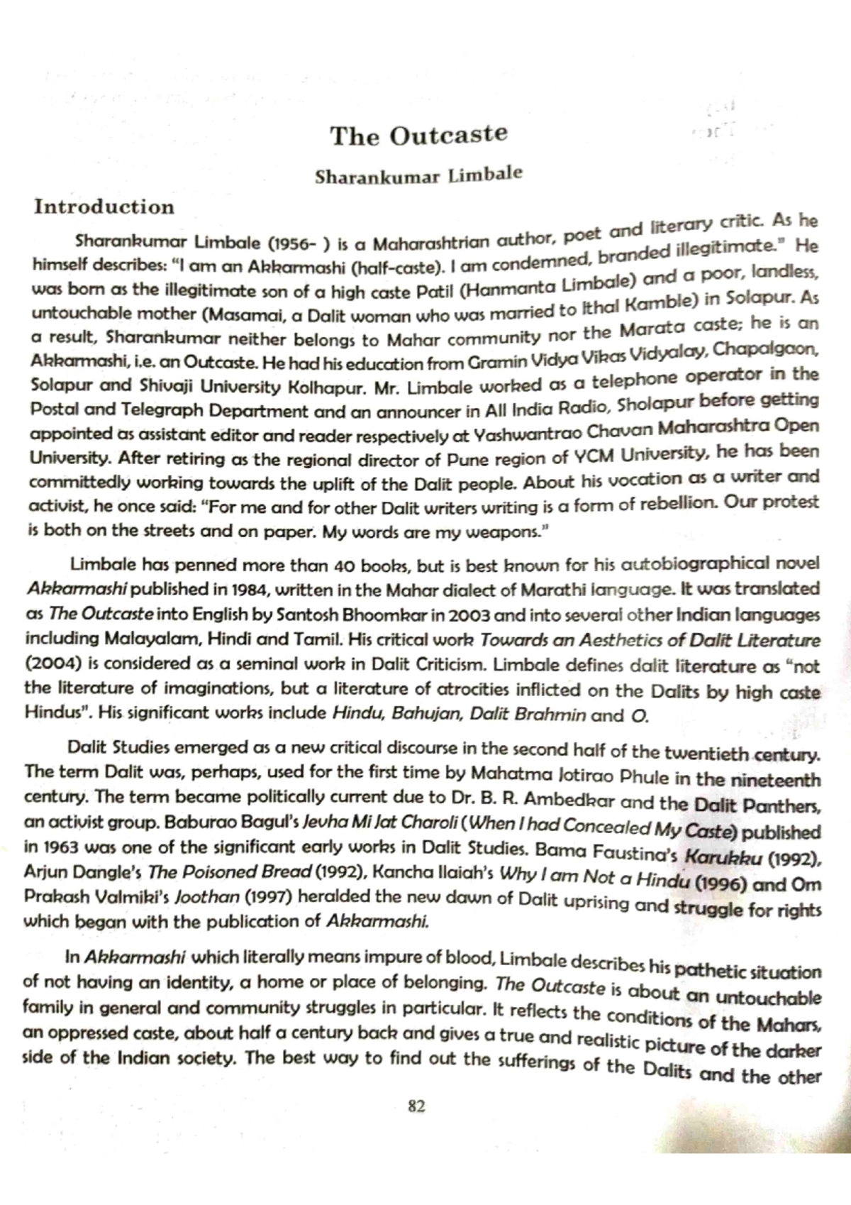 A04 Mod 4 - The Outcaste - Here are the notes of BA English language ...