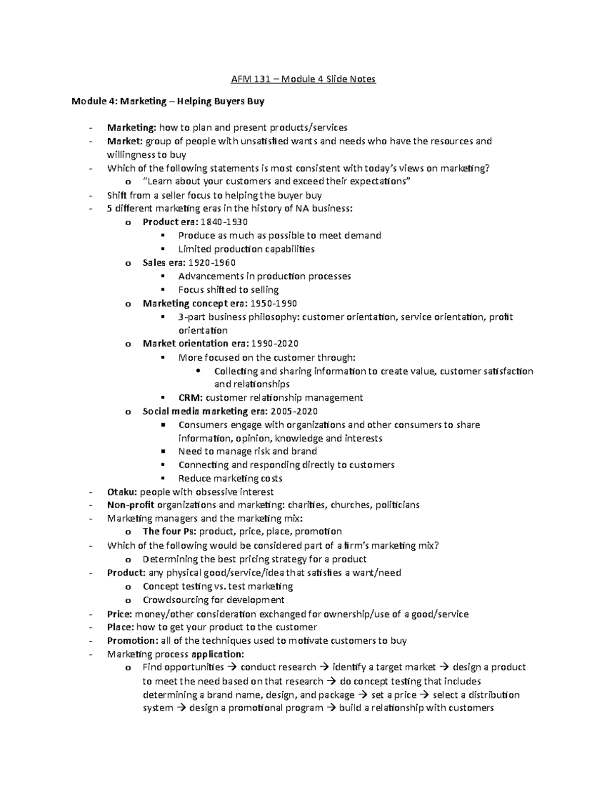 Module 4 Slide Notes - AFM 131 Module 4 Slide Notes Module 4: Marketing ...