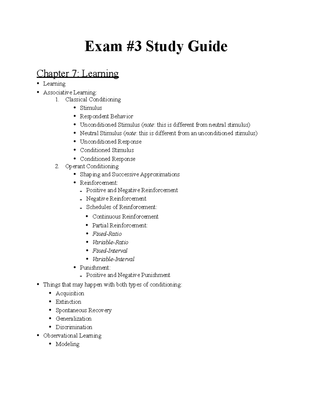 Exam 3 Study Guides - Exam #3 Study Guide Chapter 7: Learning Learning ...