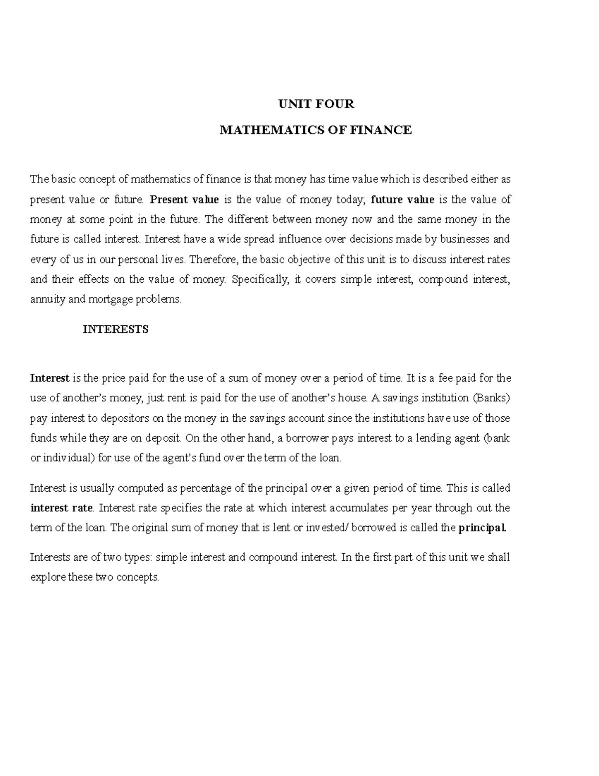 Business Mathematics CH-4 - UNIT FOUR MATHEMATICS OF FINANCE The basic ...