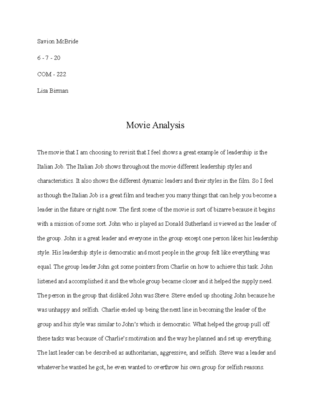 Movie analysis com 222 - Savion McBride 6 - 7 - 20 COM - 222 Lisa ...