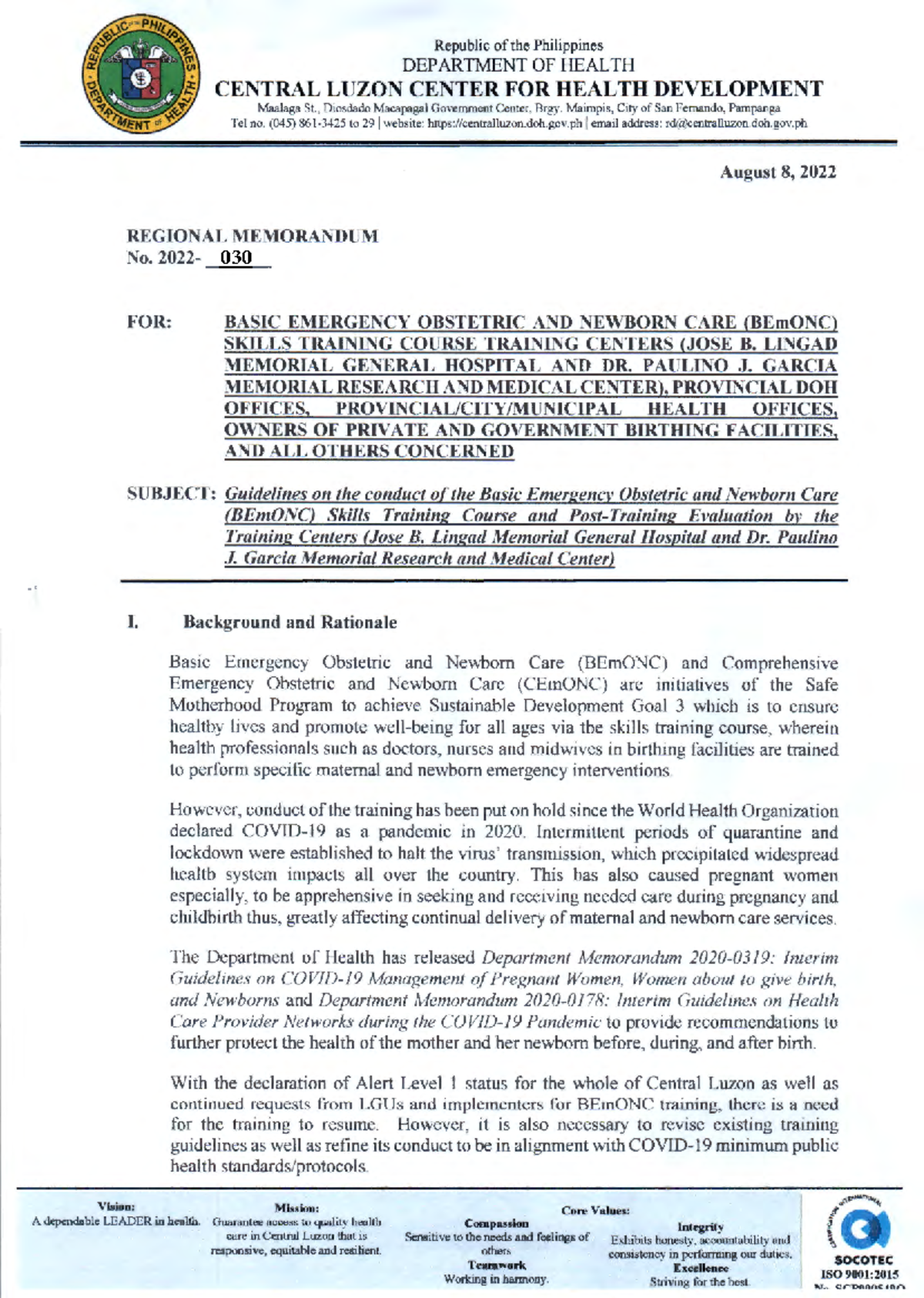 RM No. 2022-030 Bemonc Training Guidelines - Republic of the ...