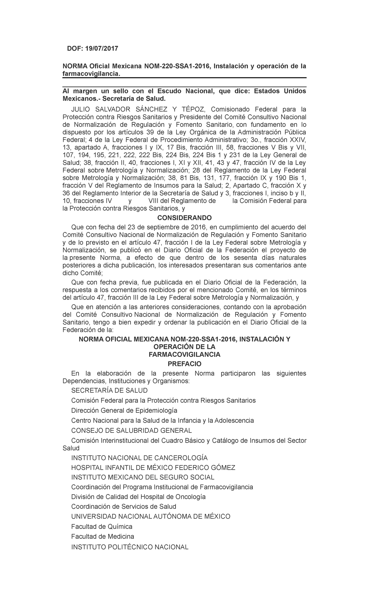 Norma oficial NOM220 Famacovigilanciadof - DOF: 19/07/ NORMA Oficial ...