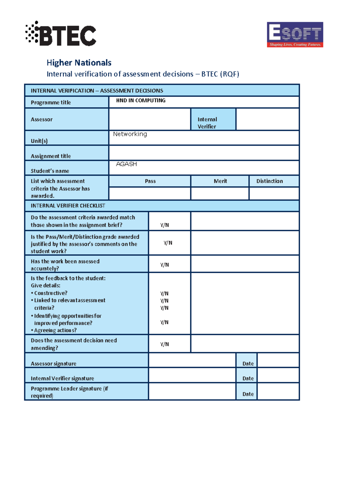 Networking Completed - Higher Nationals Internal verification of assessment decisions – BTEC ...