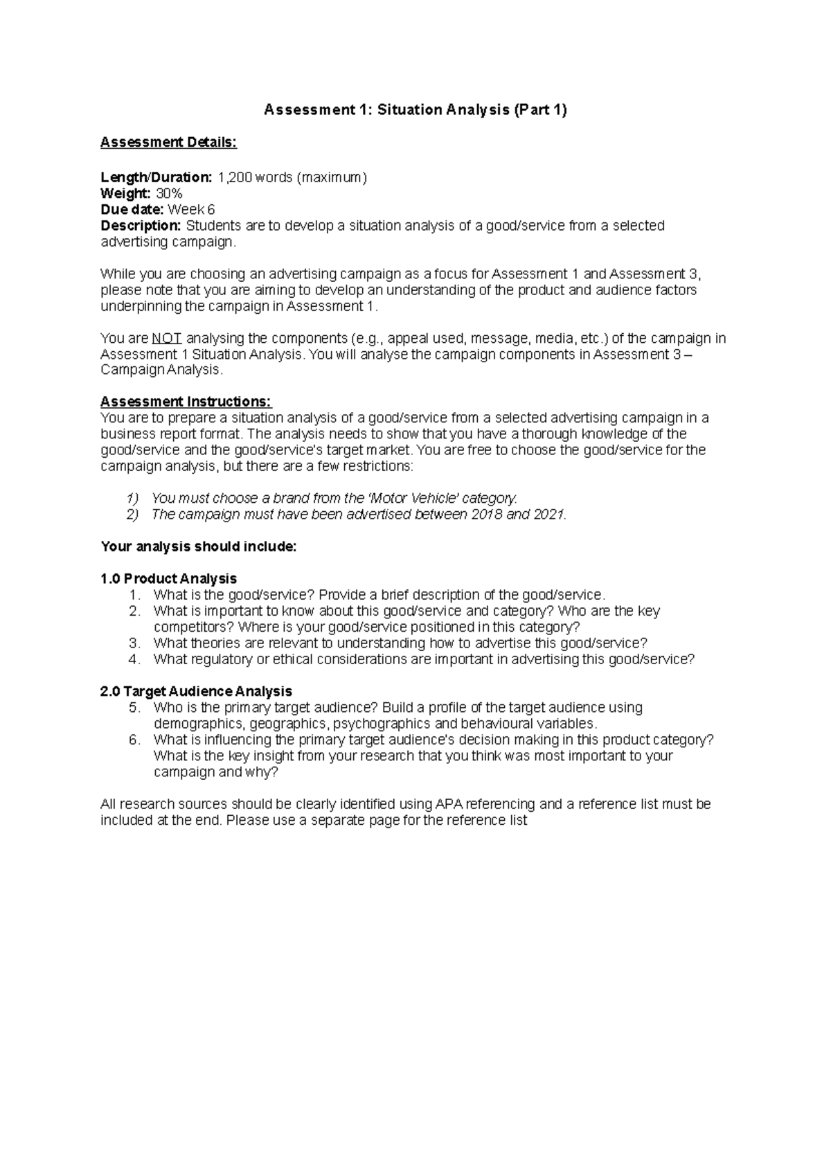 Situation Analysis Instructions(1) - Assessment 1: Situation Analysis ...