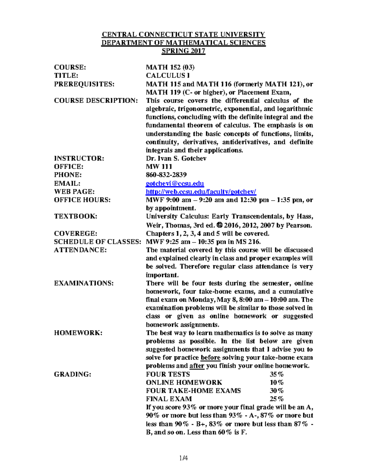 Gotchev math 152 03 - syllabus - CENTRAL CONNECTICUT STATE UNIVERSITY DEPARTMENT OF MATHEMATICAL ...