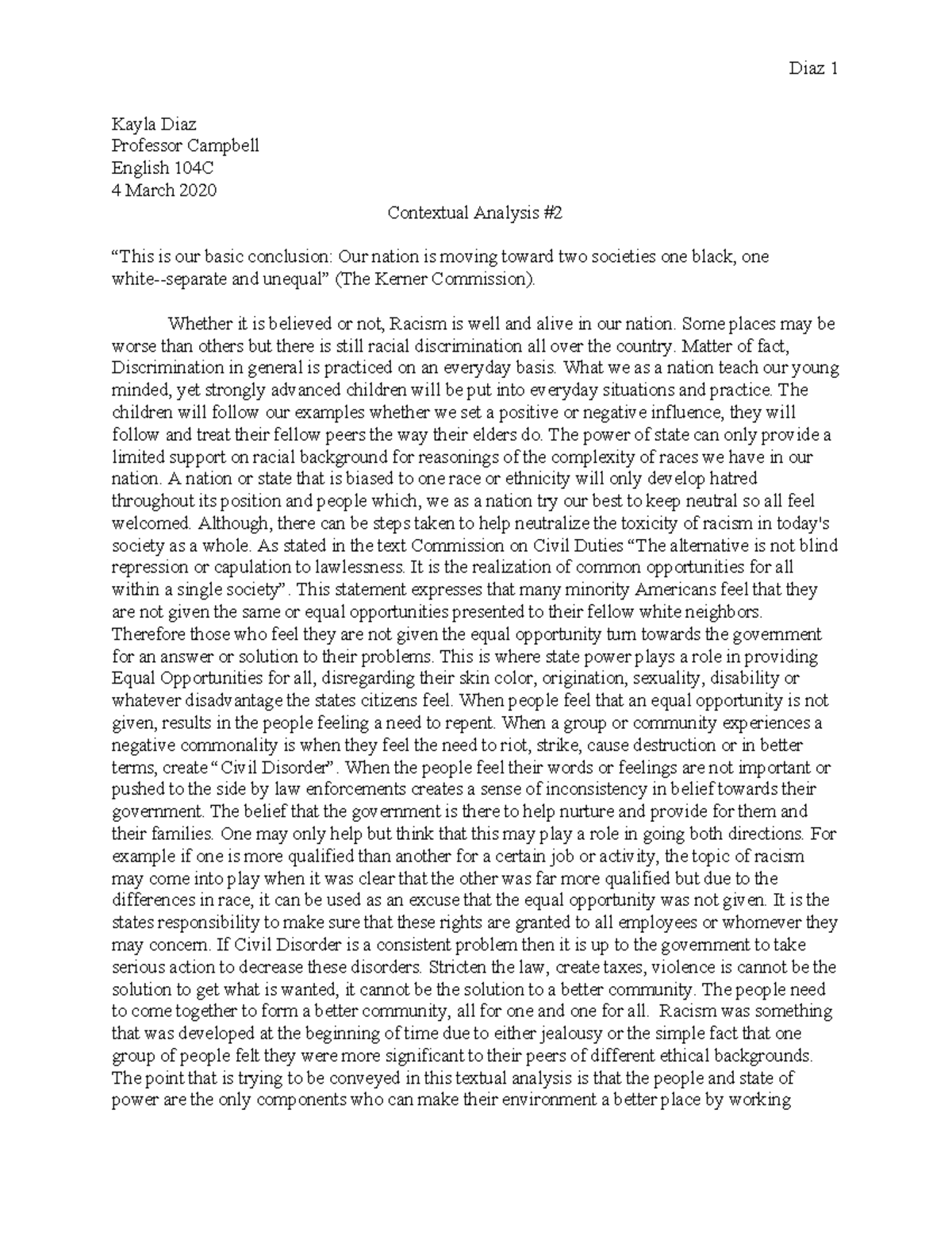 Contextual Analysis #2 - Diaz 1 Kayla Diaz Professor Campbell English ...