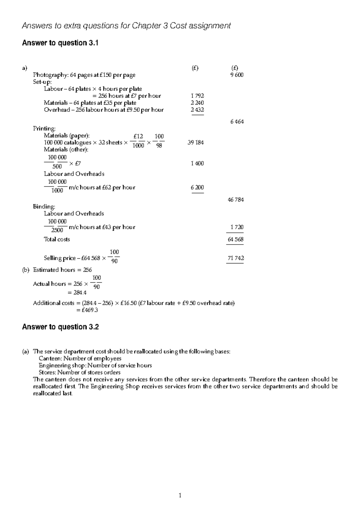 Solutions For Questions Chapter 3 Cost Assignment Answers To Extra