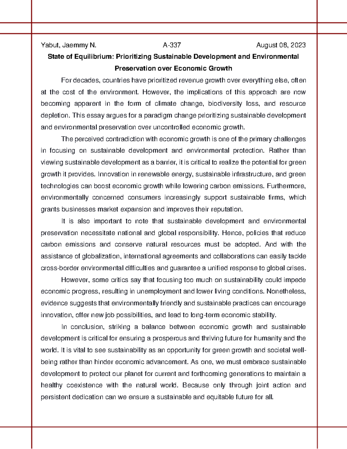 Globalization Arguments Yabut Jaemmy N A 337 August 08 2023 State Of Equilibrium