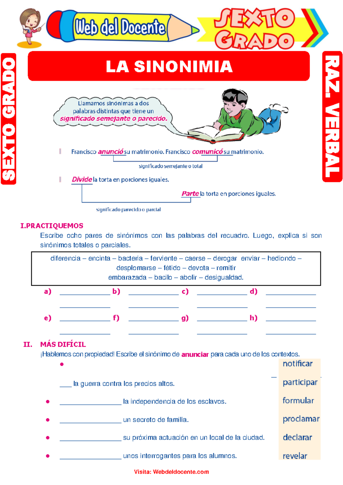 La Sinonimia para Sexto Grado de Primaria - I Escribe ocho pares de ...