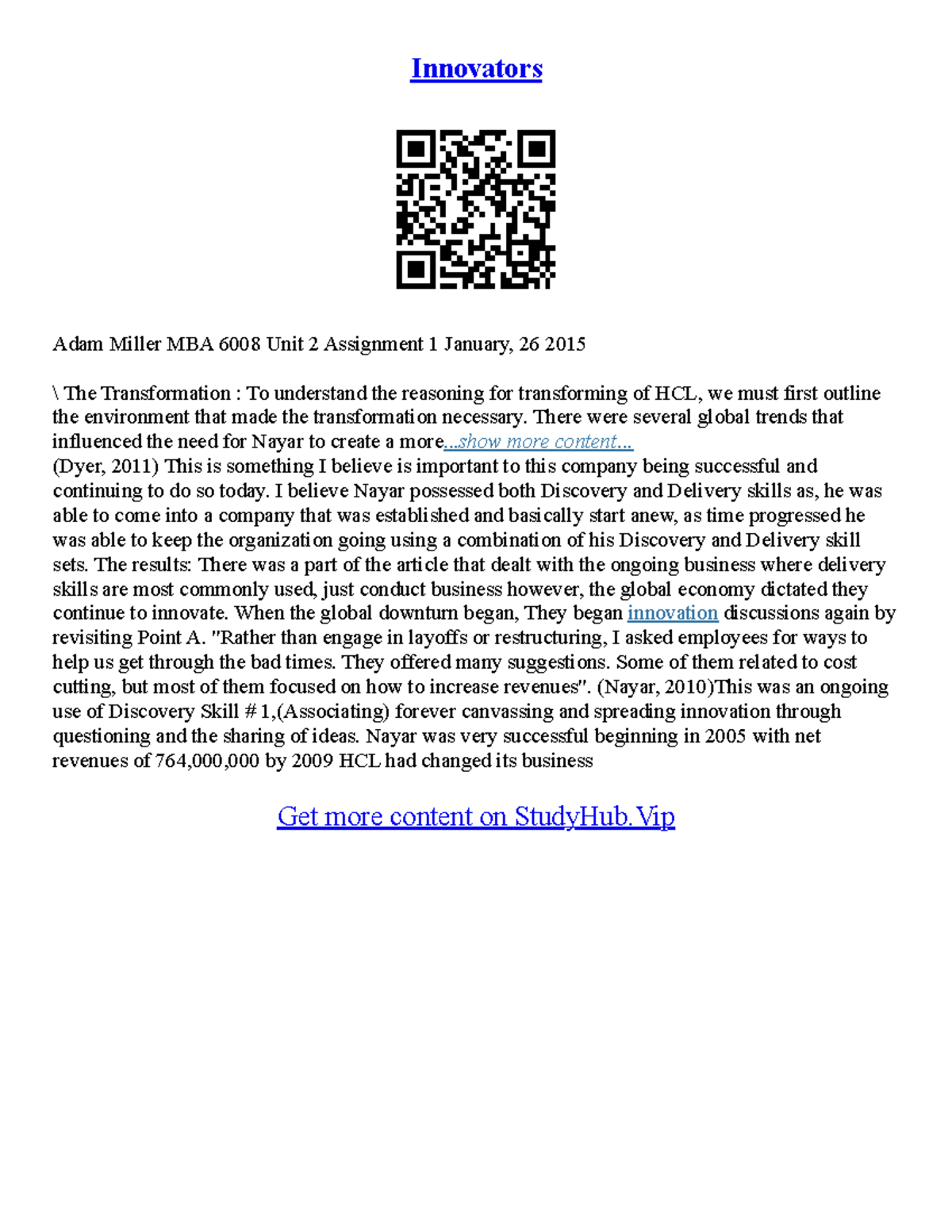 Exposition Essay - Innovators Adam Miller MBA 6008 Unit 2 Assignment 1 ...