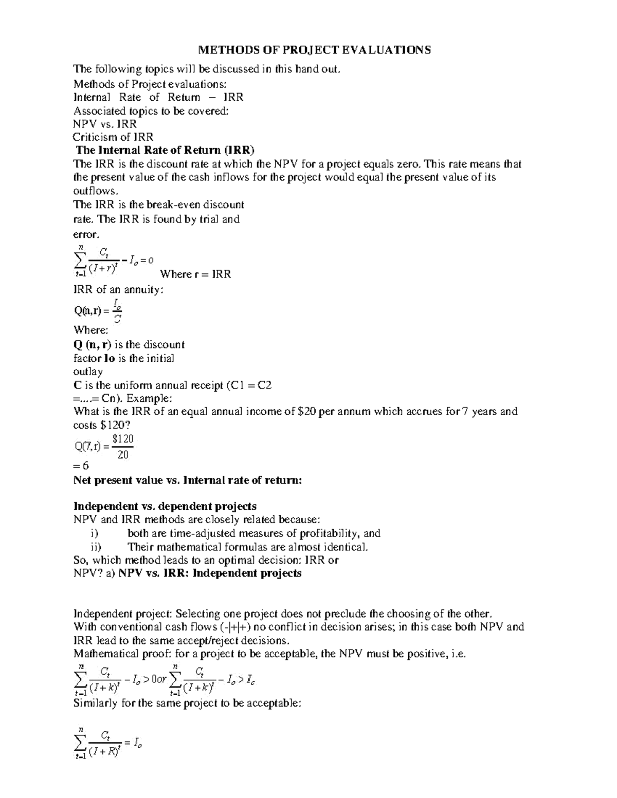Ch06 Methods of project evaluation - METHODS OF PROJECT EVALUATIONS The ...