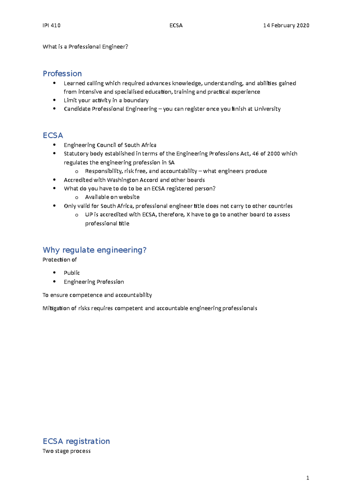 Theme 2 class notes - IPI 410 ECSA 14 February 2020 What is a ...