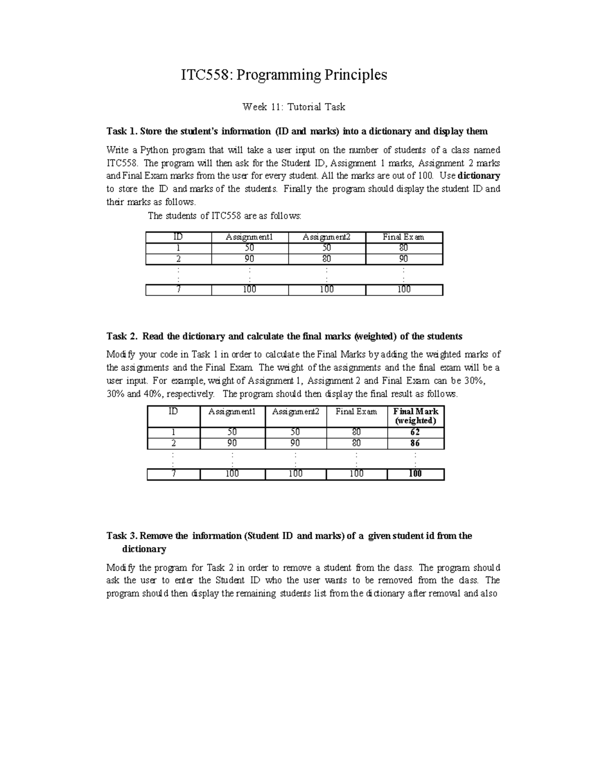 Tutorial Wk11 - Dictionaries - ITC558: Programming Prin ciples Week 11: Tutorial Task Task 1 ...