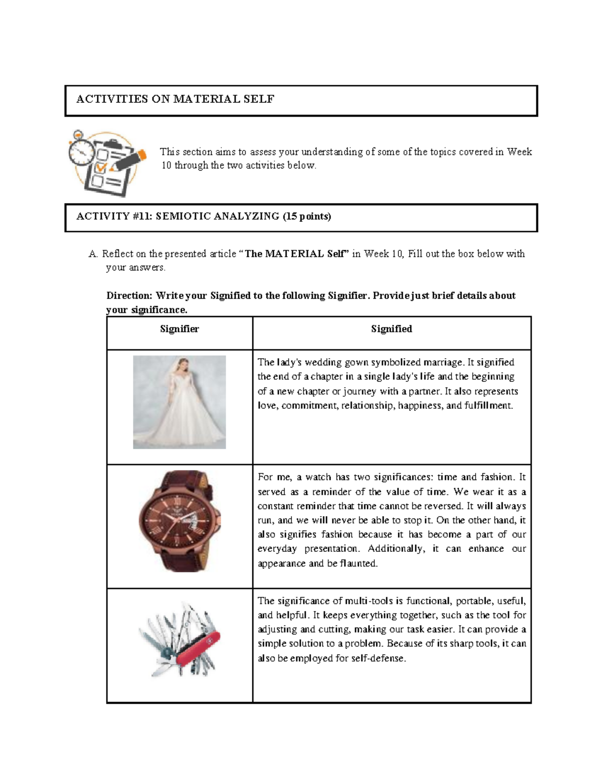 Activity 4 - UTS - ACTIVITIES ON MATERIAL SELF This section aims to ...