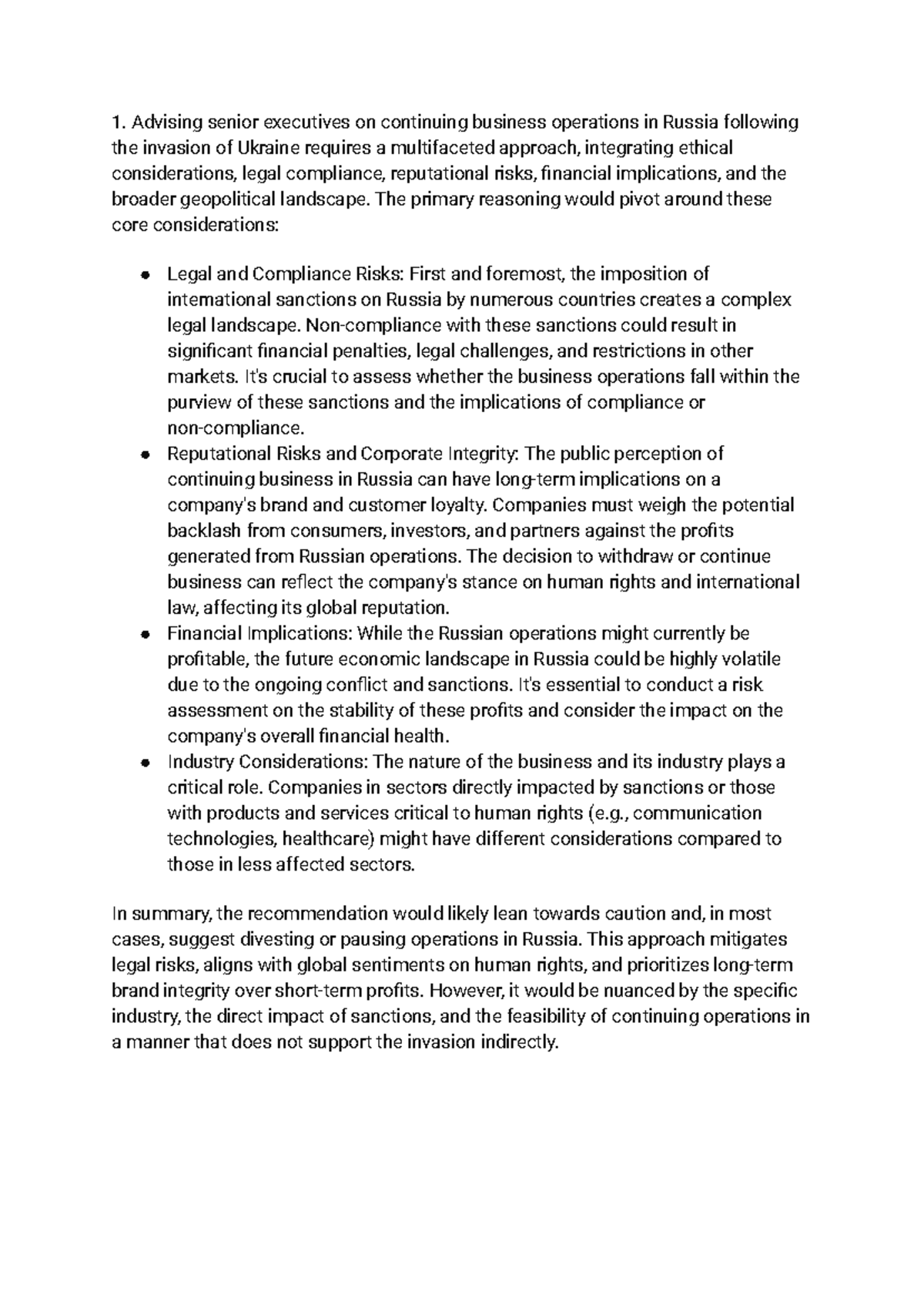 Ethics case study 4 - Advising senior executives on continuing business ...