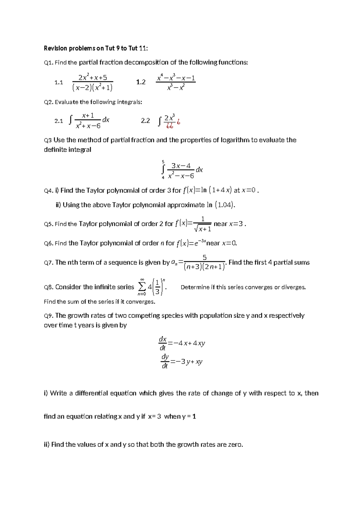 Revision Problems on Tut 9 to Tut 11 - Revision problems on Tut 9 to ...