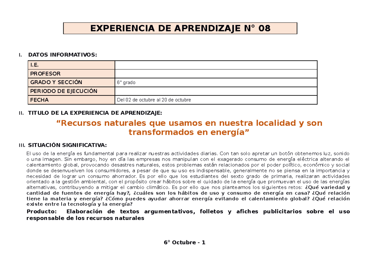 6° Grado - Experiencia DE Aprendizaje N°08 - EXPERIENCIA DE APRENDIZAJE N° 08 I. DATOS ...